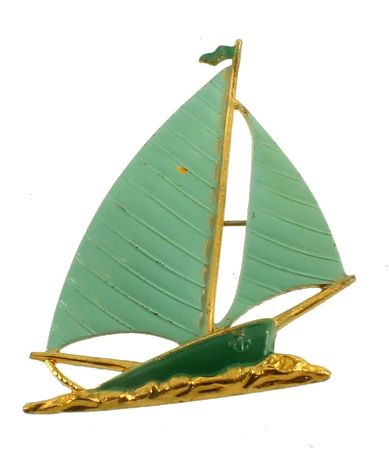 VINTAGE DECO GREEN ENAMEL LARGE SAIL BOAT PIN GOLD FINISH CHARMING! 2 1 ...