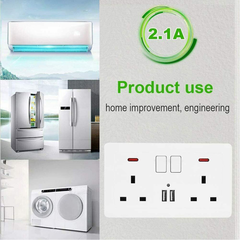 2 USB DOUBLE WALL SOCKET 13 AMP PLUG 2 GANG SWITCH ELECTRIC CHARGER ...