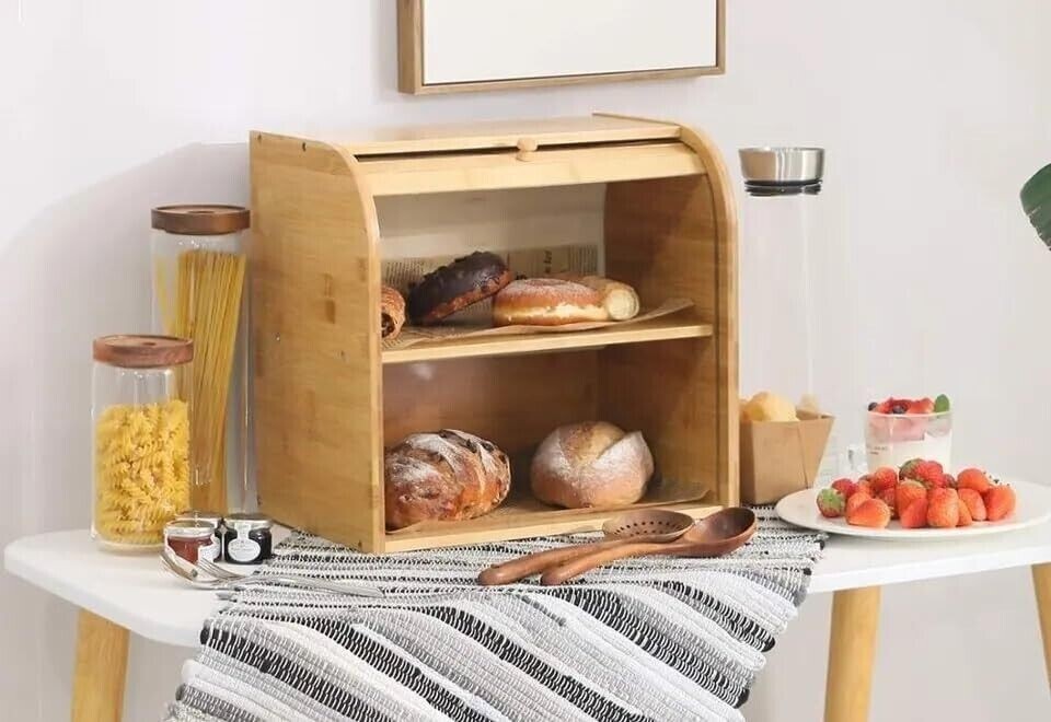 Bread Bin 2 Tiers Double Layer Box Slide Roll Top Food Storage Rack ...