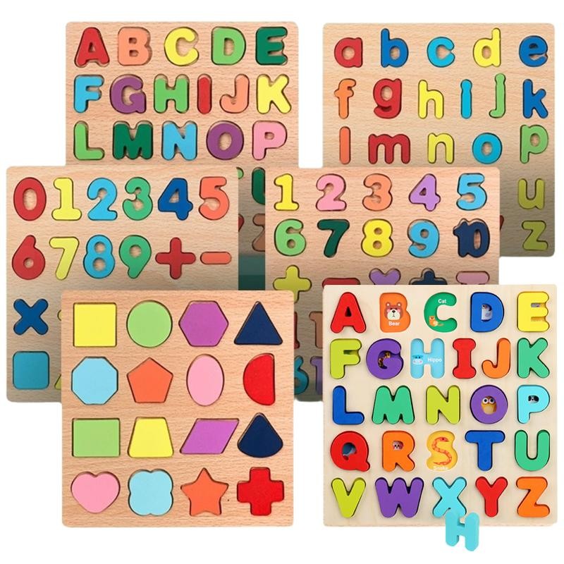 Kids Alphabetic Arithmetic Number Geometric Shapes Wooden Puzzle ...