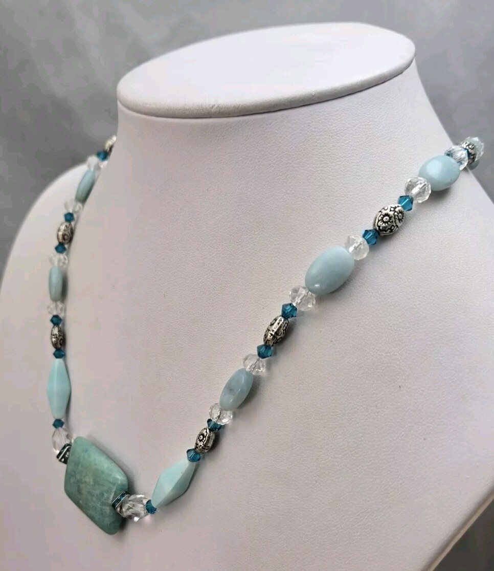 Large Amazonite Pendant Mix Beaded Silver Tone Metal Boho Toggle Clasp ...
