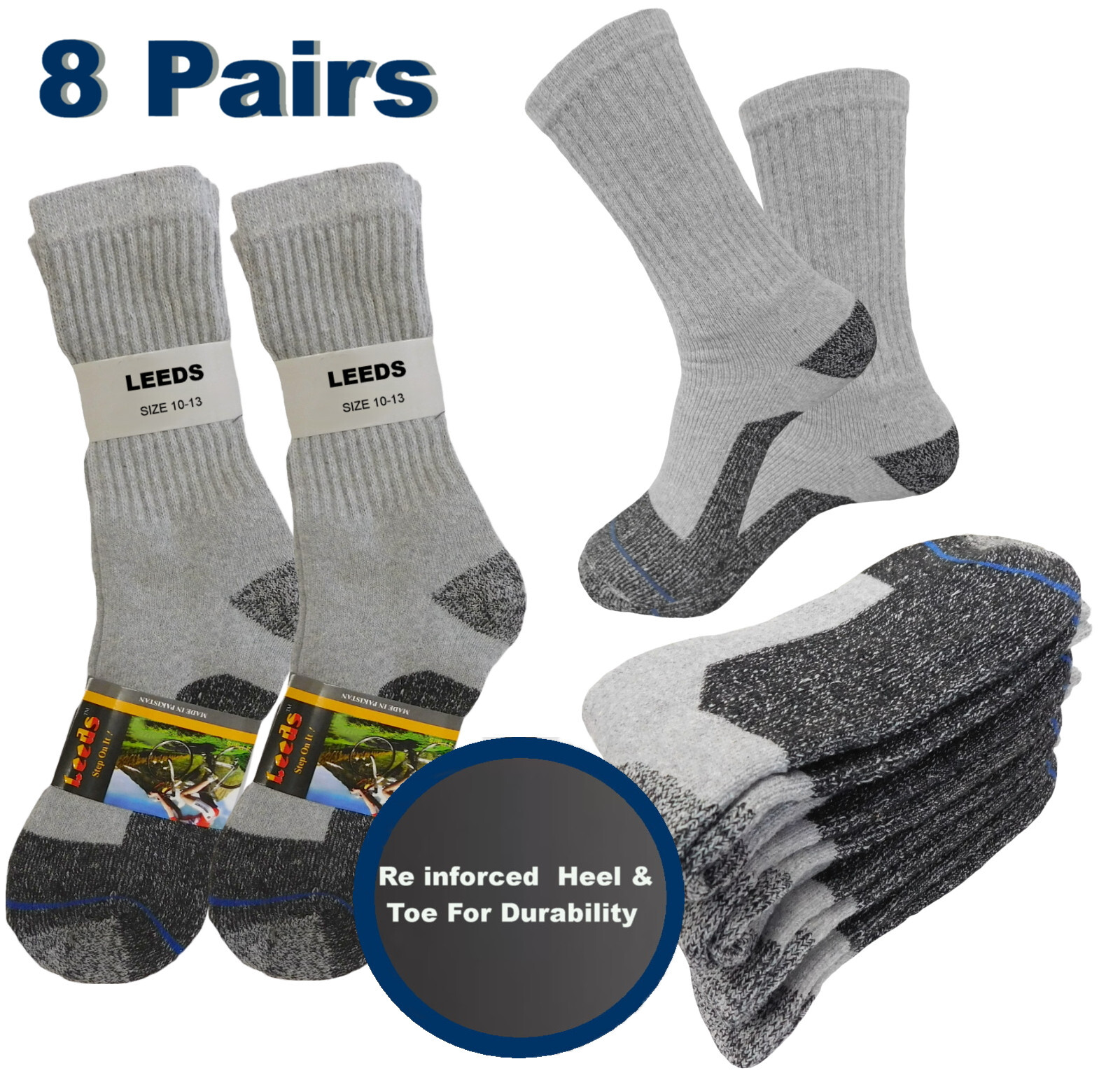 8 Pairs Men's Work Socks GRAY Boots Socks Cushioned 10-13 Reinforced ...