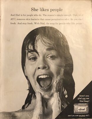 1963 Dial Bar Soap PRINT AD AT-7 Woman Shower Suds - She Likes People ...