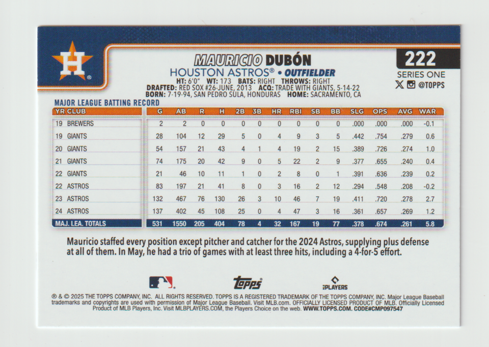 2025 Topps Baseball #222 Mauricio Dubon - Houston Astros | eBay