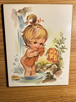 Vintage Decoupage Coby Art Print On Wood Plaque Girl Bathing Baby Frog ...