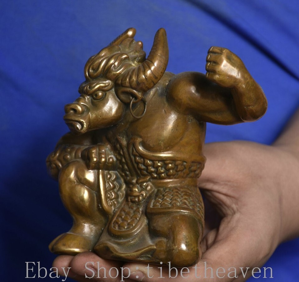 5.6“ Old Chinese Copper Feng Shui Bull Oxen Guardian Bull Demon King ...