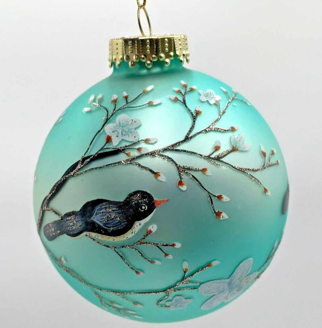VTG Handpainted Birds Branches Chickadee Floral Glitter LARGE Ball ...