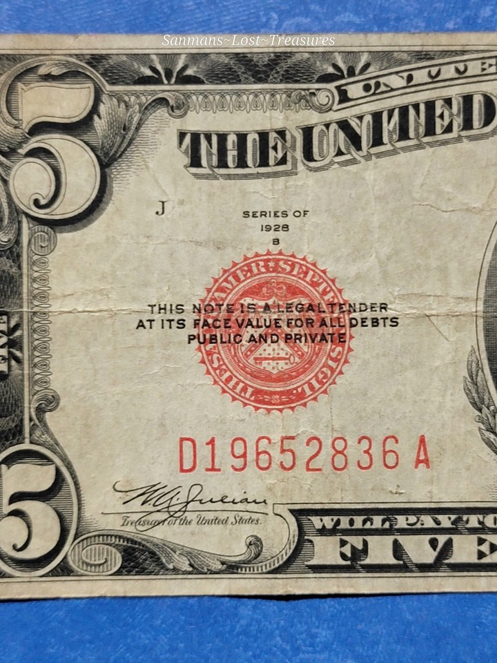 1928-B $5 Legal Tender Red Seal United States Note Avg Circ Sn ...