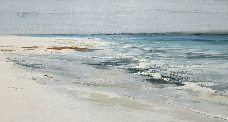 Large Beautiful art of blue gray seascape ocean white sand beach ...