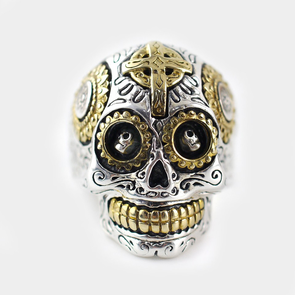 925 STERLING SILVER &Brass SUGAR SKULL CROSS MEN GIFT BIKER ROCKER RING ...
