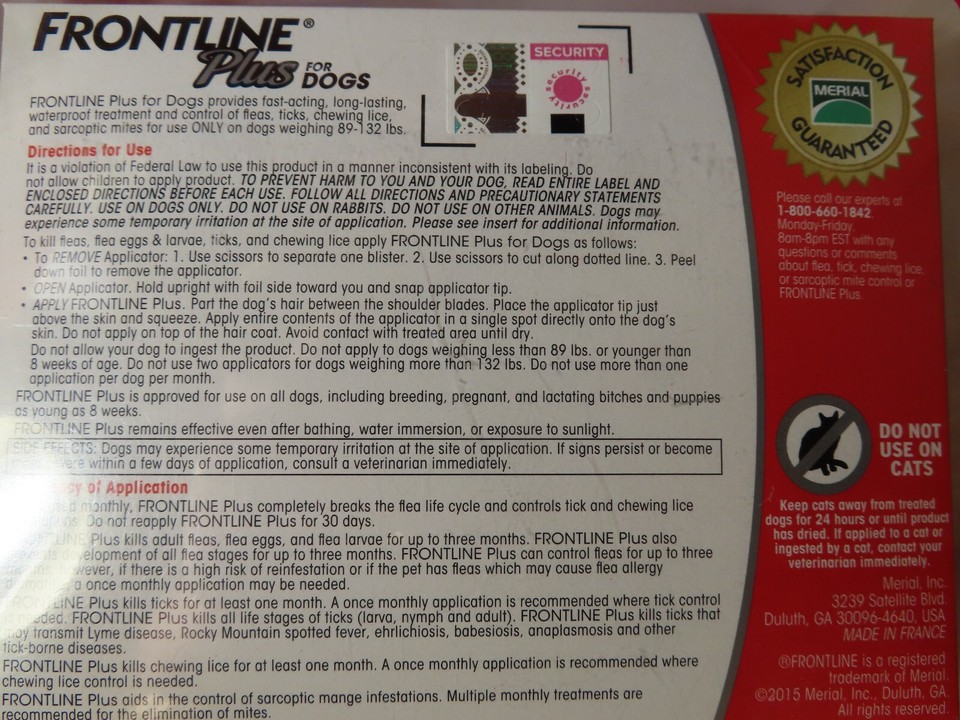 FRONTLINE PLUS DOGS 89-132 Lbs FLEA & TICK CONTROL 6 DOSES BRAND NEW ...