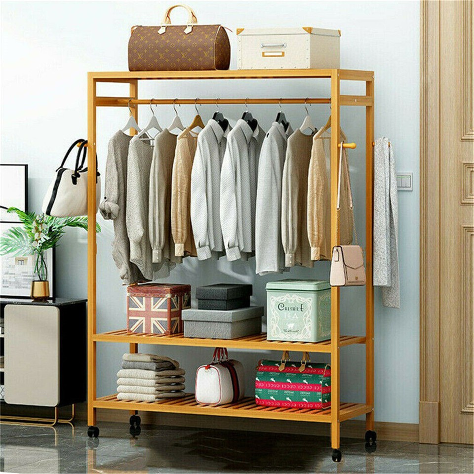 Freestanding Bamboo Clothes Rail Shelf Rolling Garment Closet Organizer ...