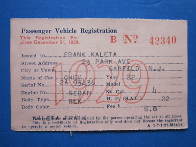 1929 ORIGINAL NEW JERSEY PASSENGER VEHICLE REGISTRATION 96 YEARS OLD | eBay