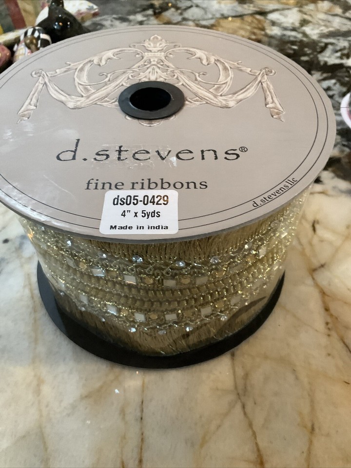 RARE NEW LUXURY D STEVENS GOLD JEWELED MIRRORED FRINGED WIRED RIBBON ...