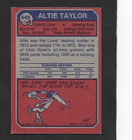 1973 Topps NFL Football #448 Altie Taylor, Detroit Lions, NM NRMT | eBay