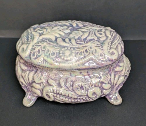 Vintage 60s Iridescent Purple Ceramic Footed Jewelry Trinket Box With ...