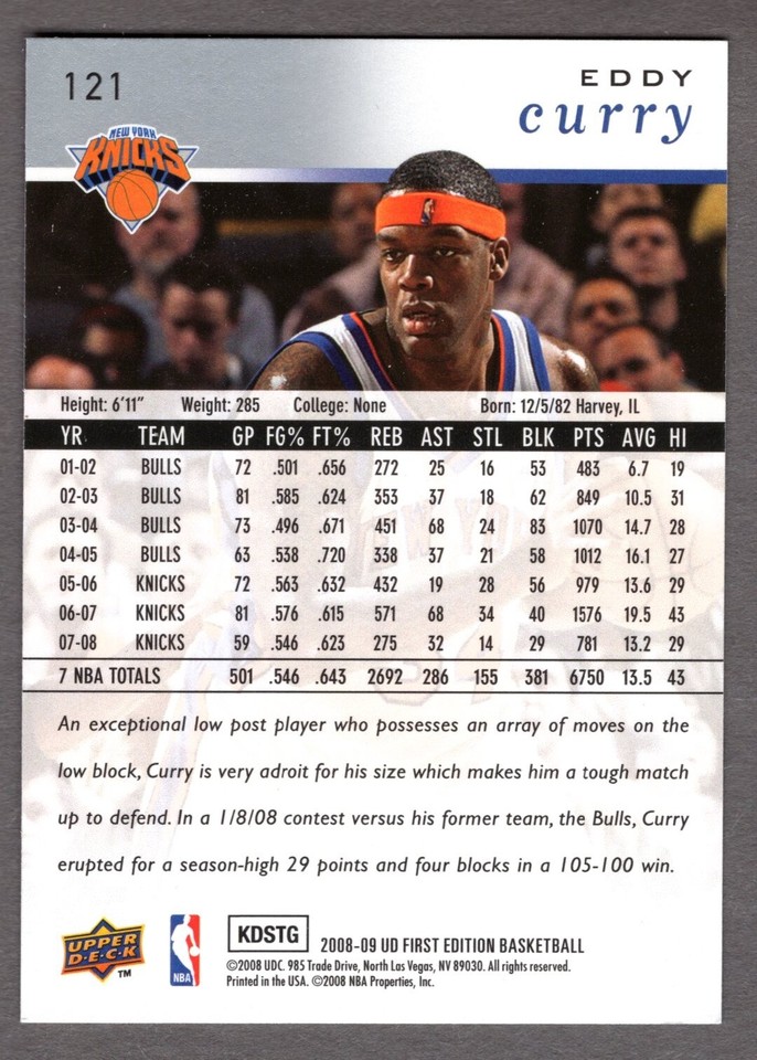 2008-09 UPPER DECK FIRST EDITION EDDY CURRY CARD #121 **NM-MT** KNICKS ...