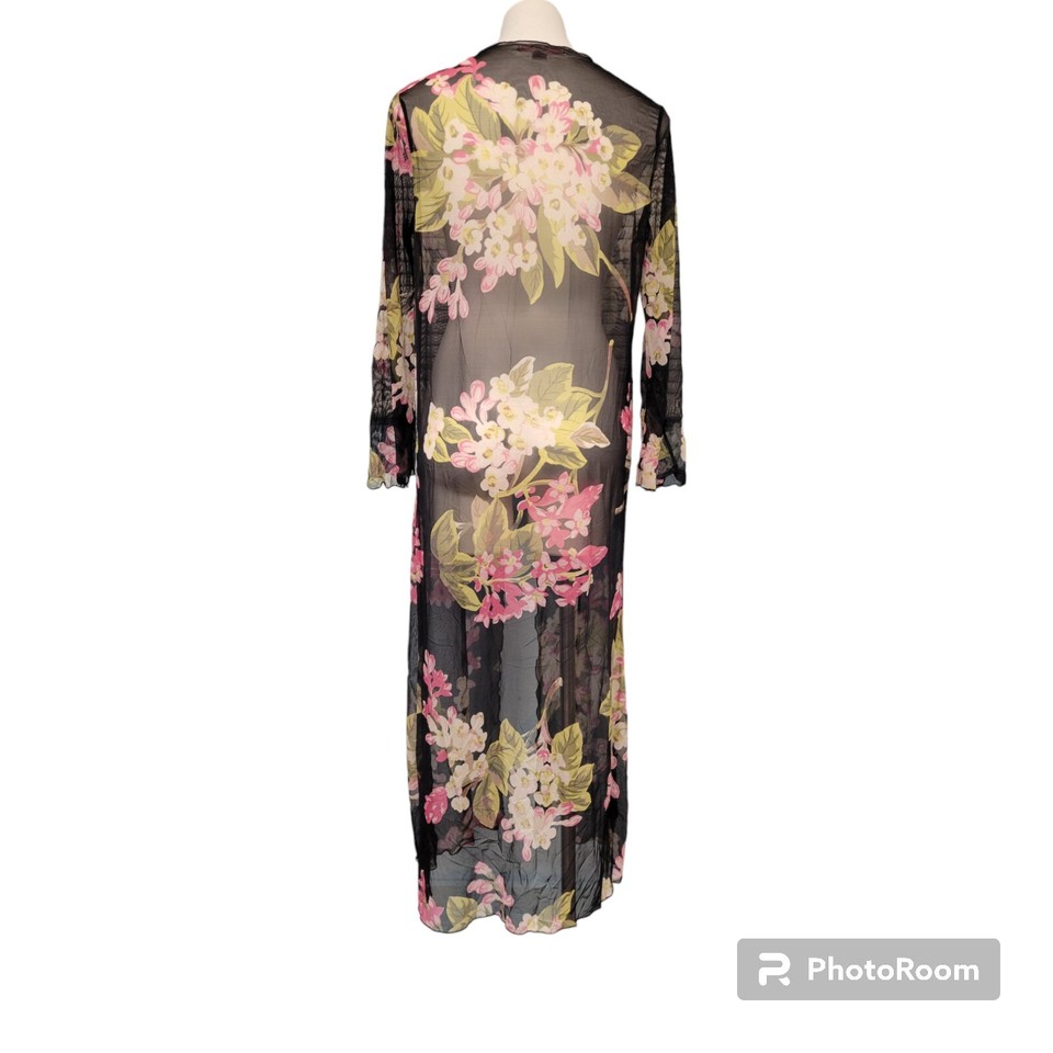 Vtg Victoria's Secret Long Robe Black Floral Print Sheer Flowy Tie ...