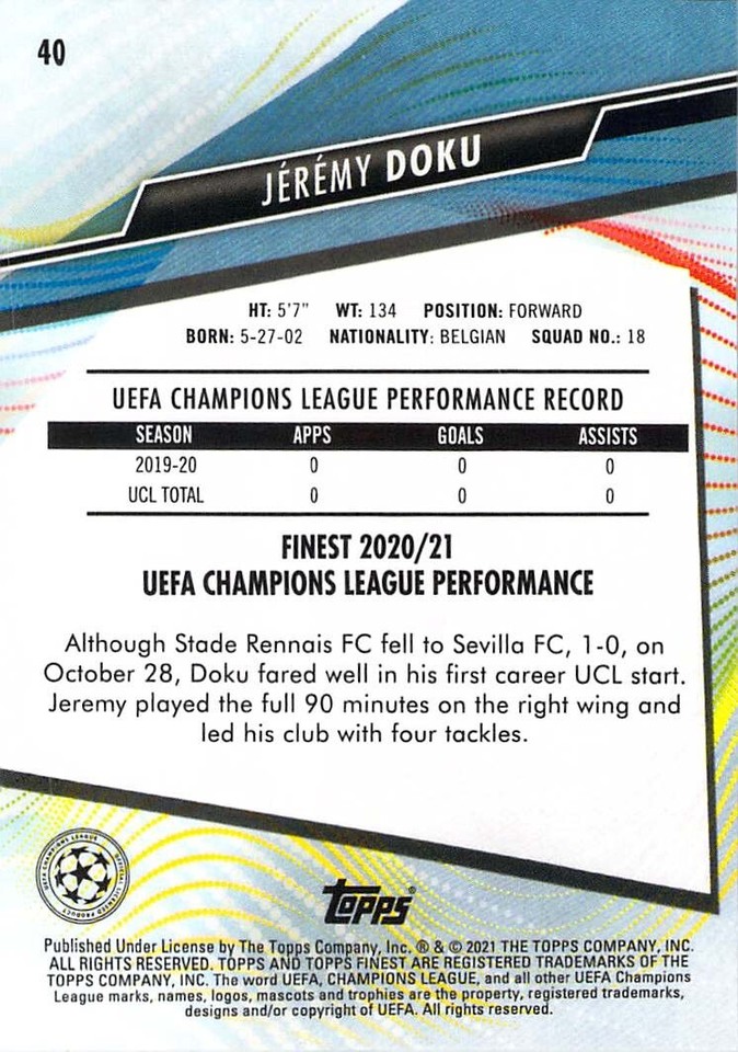 Jeremy Doku RC 2020-21 Topps Finest UEFA Champions League Soccer Rookie ...