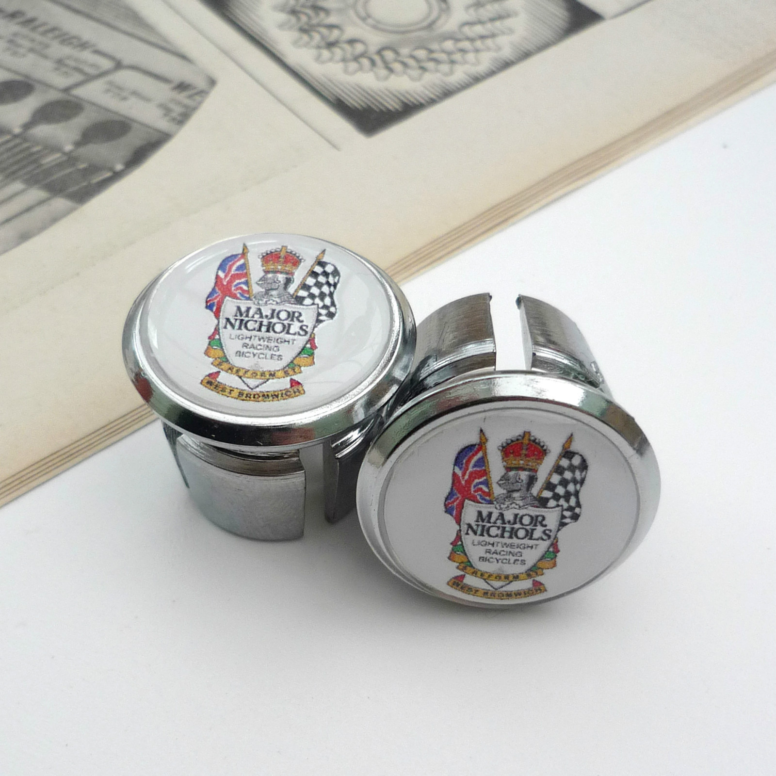 Vintage Style Major Nichols Chrome Racing Bar Plugs, Caps, Repro | eBay UK