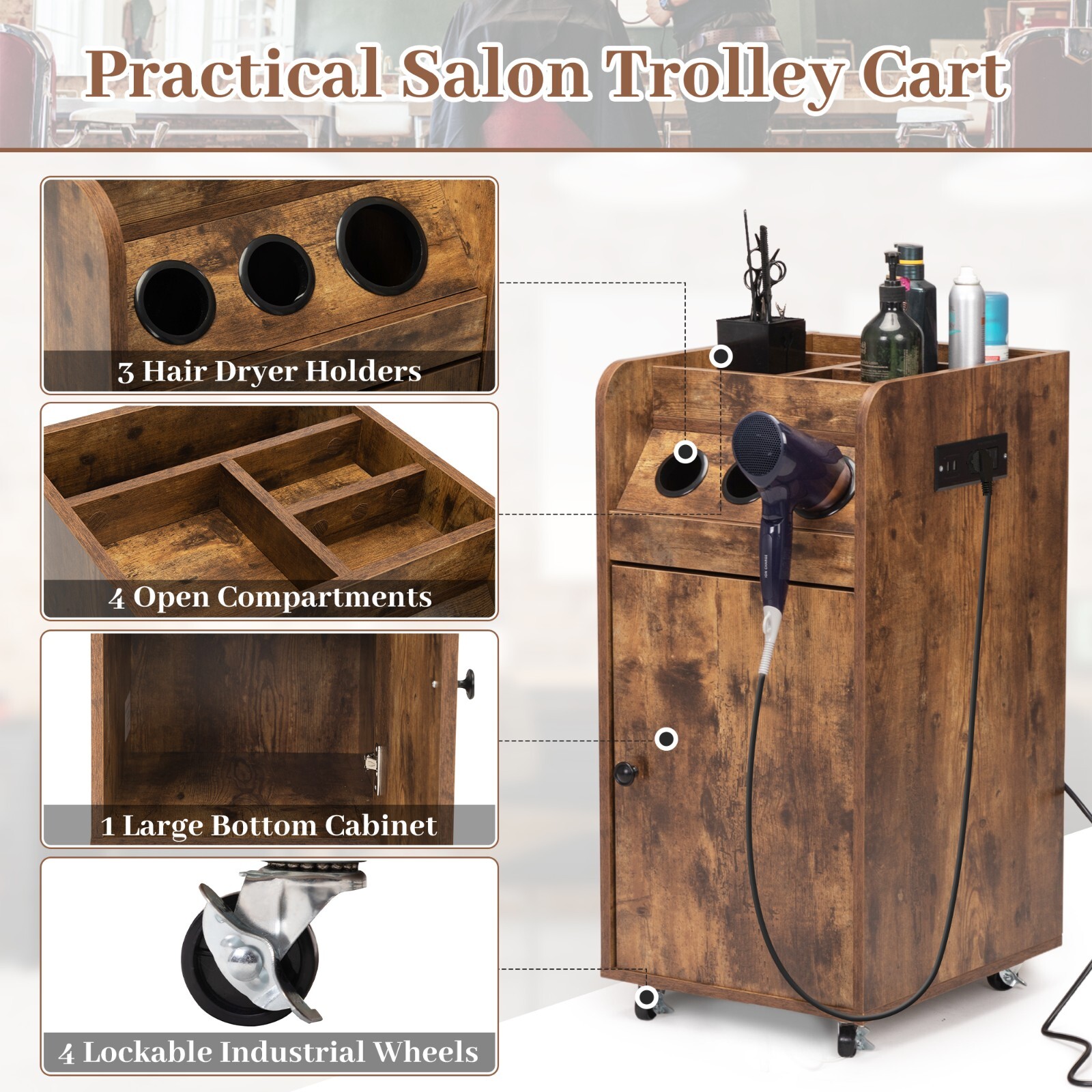 Hair Salon Trolley Wood Rolling Cart Salon Beauty Station Stylist ...