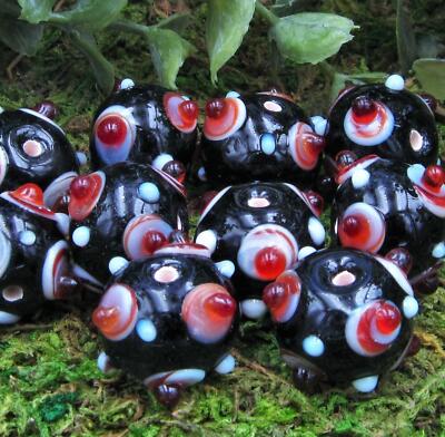 Qty. 10 - 15MM Round Bumpy Black, Rust Red & White Lampwork Glass Beads ...