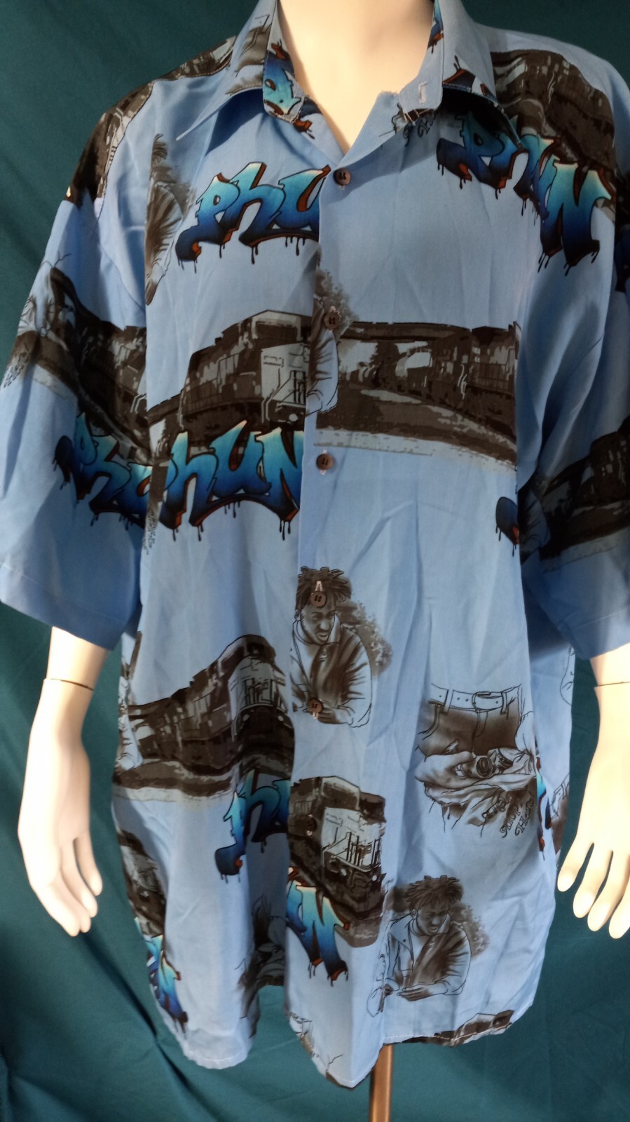 Men's XL blue graphic locomotive train button up short sleeve shirt ...