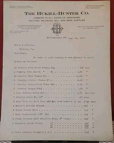 1915 The Hukill-Hunter Co Stanley Tool Price List Pittsburgh PA | eBay