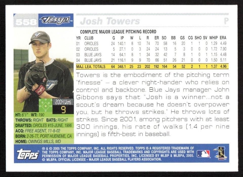 2005 Topps Josh Towers #558 Toronto Blue Jays | eBay