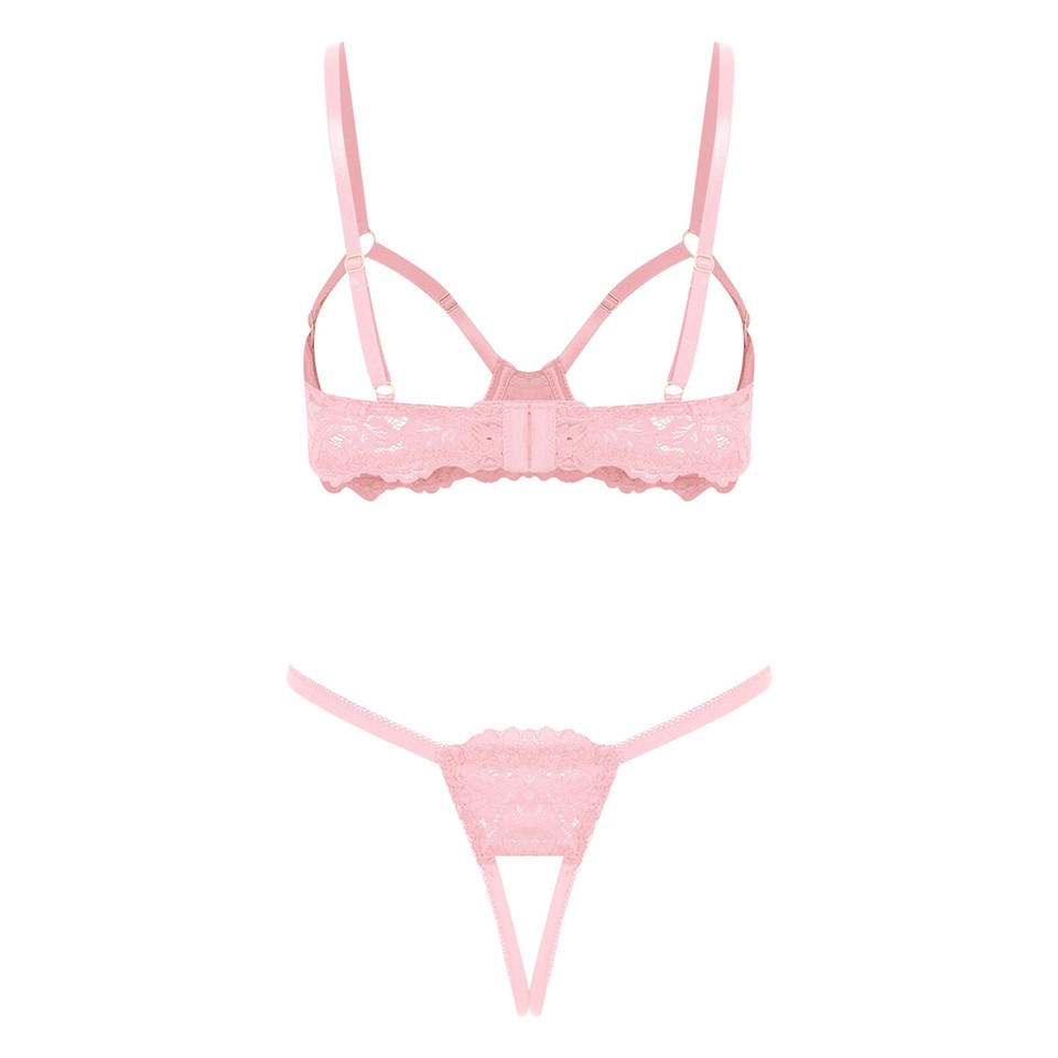 Women Floral Lace Cupless Lingerie 2Pcs Underwire Push Up Bra with T ...