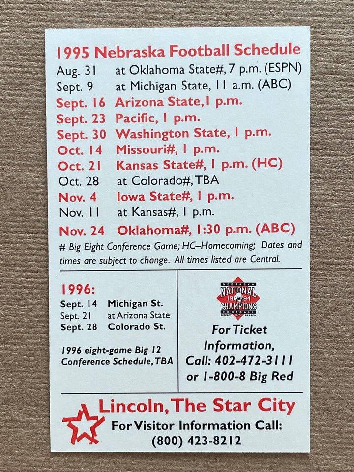 CFB 1995 NEBRASKA CORNHUSKERS Football Schedule Card QB TOMMIE FRAZIER ...