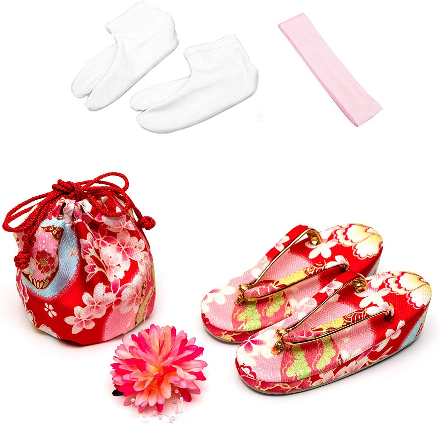 Full Kimono Set Girls Ceremony Celebration 3 years New Years Red Flower ...