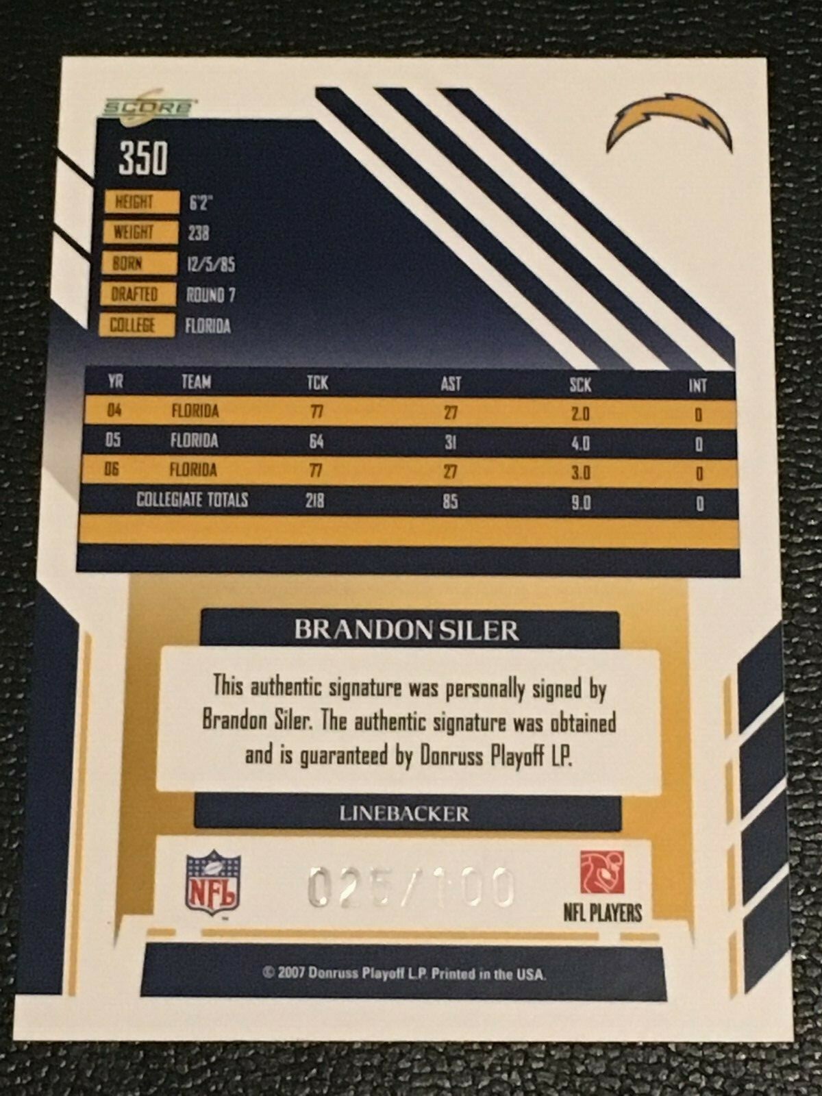 Brandon Siler 2007 Score Select Inscriptions RC Autograph #ed 025/100 ...