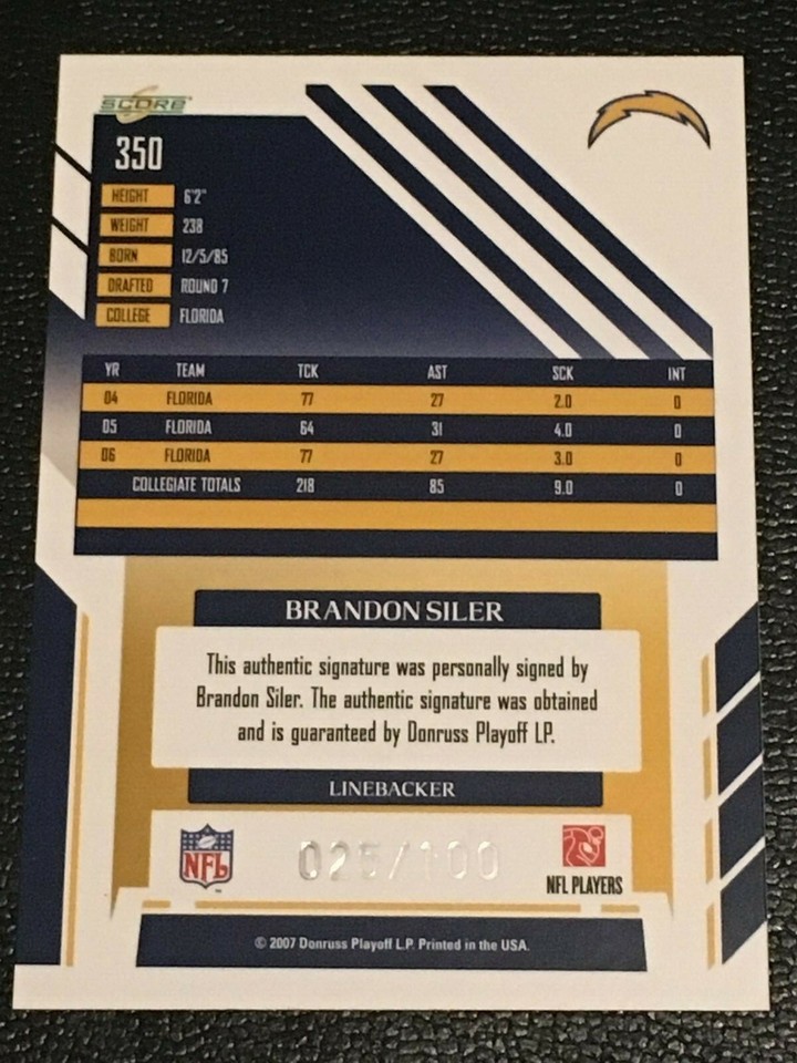 Brandon Siler 2007 Score Select Inscriptions RC Autograph #ed 025/100 ...