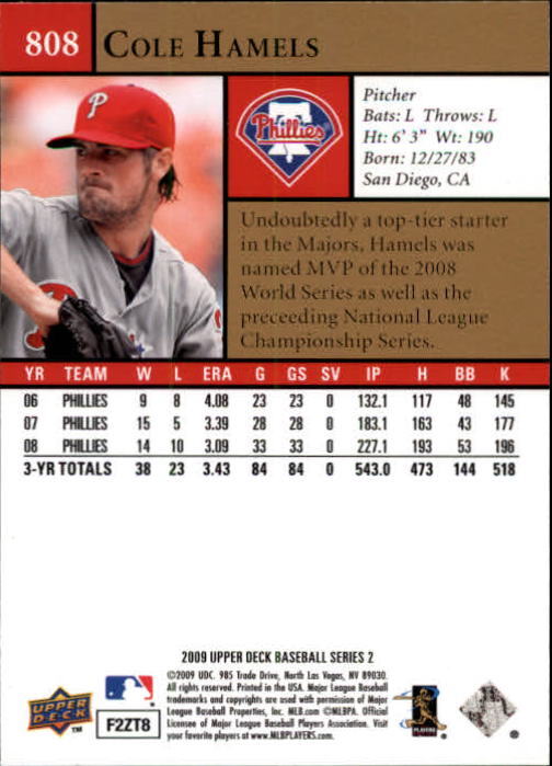 2009 Upper Deck Philadelphia Phillies Baseball Card #808 Cole Hamels | eBay