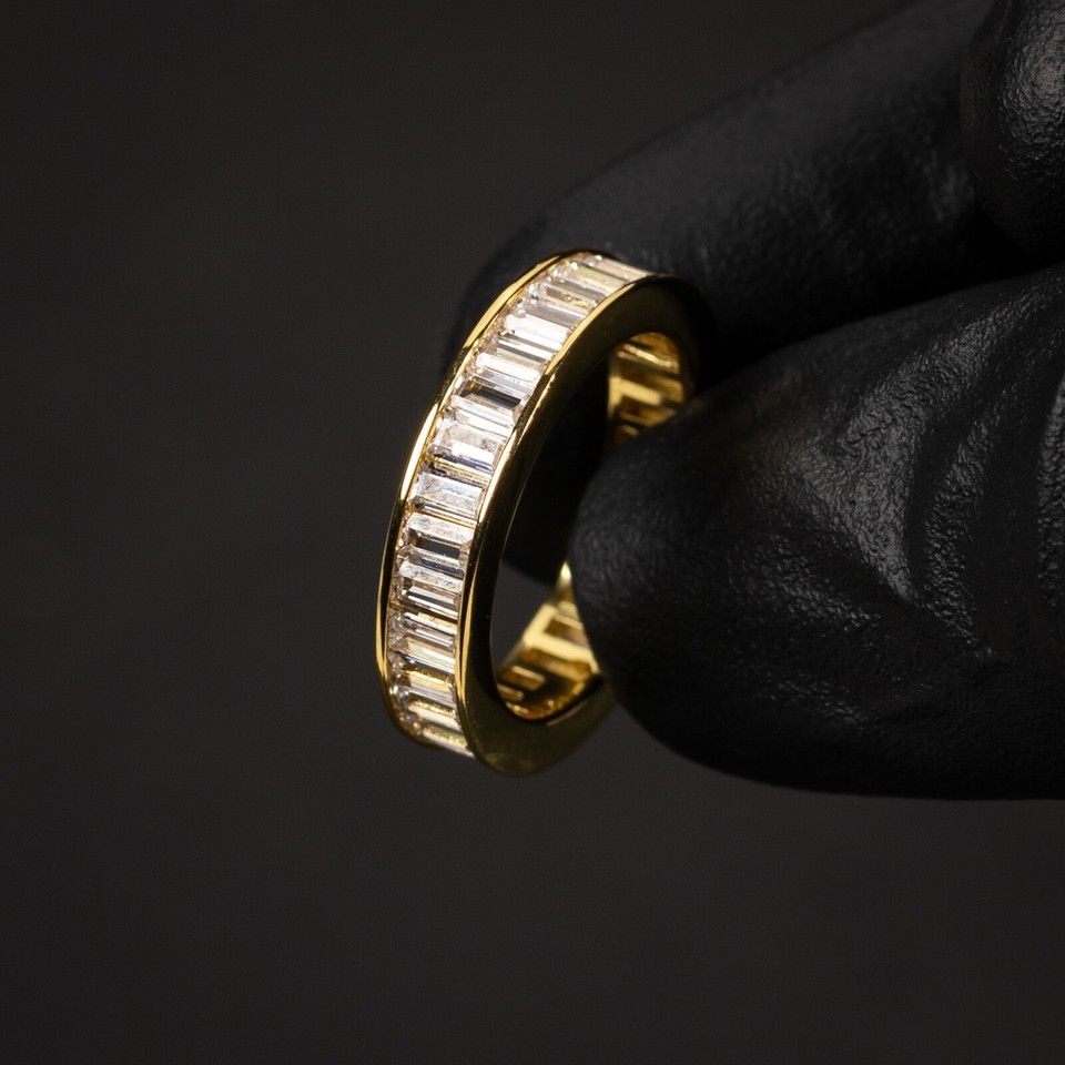Men's Iced Channel Set Cz Baguette Hip Hop 14K Gold Plated Eternity ...