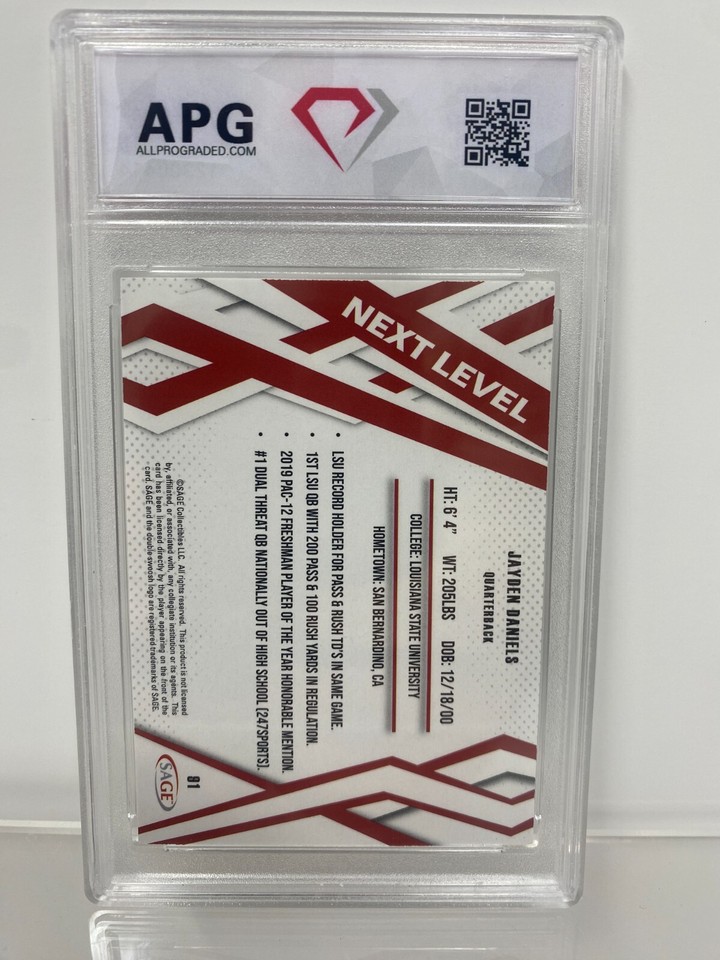 Jayden Daniels 2024 Sage Next Level Silver Rookie #91 APG Graded Gem ...
