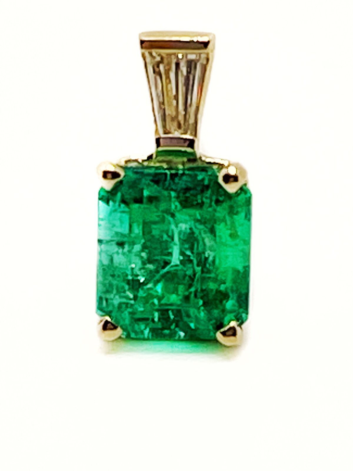14K Yellow Gold Baguette Diamond and Emerald Pendant - Gem