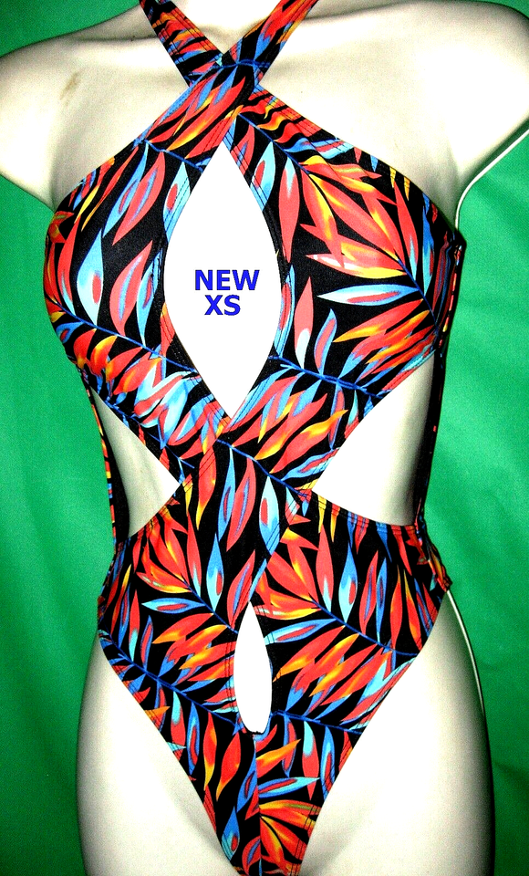 NEW xs ICON swimsuit HIGH CUT out monokini plunge bandage floral art ...
