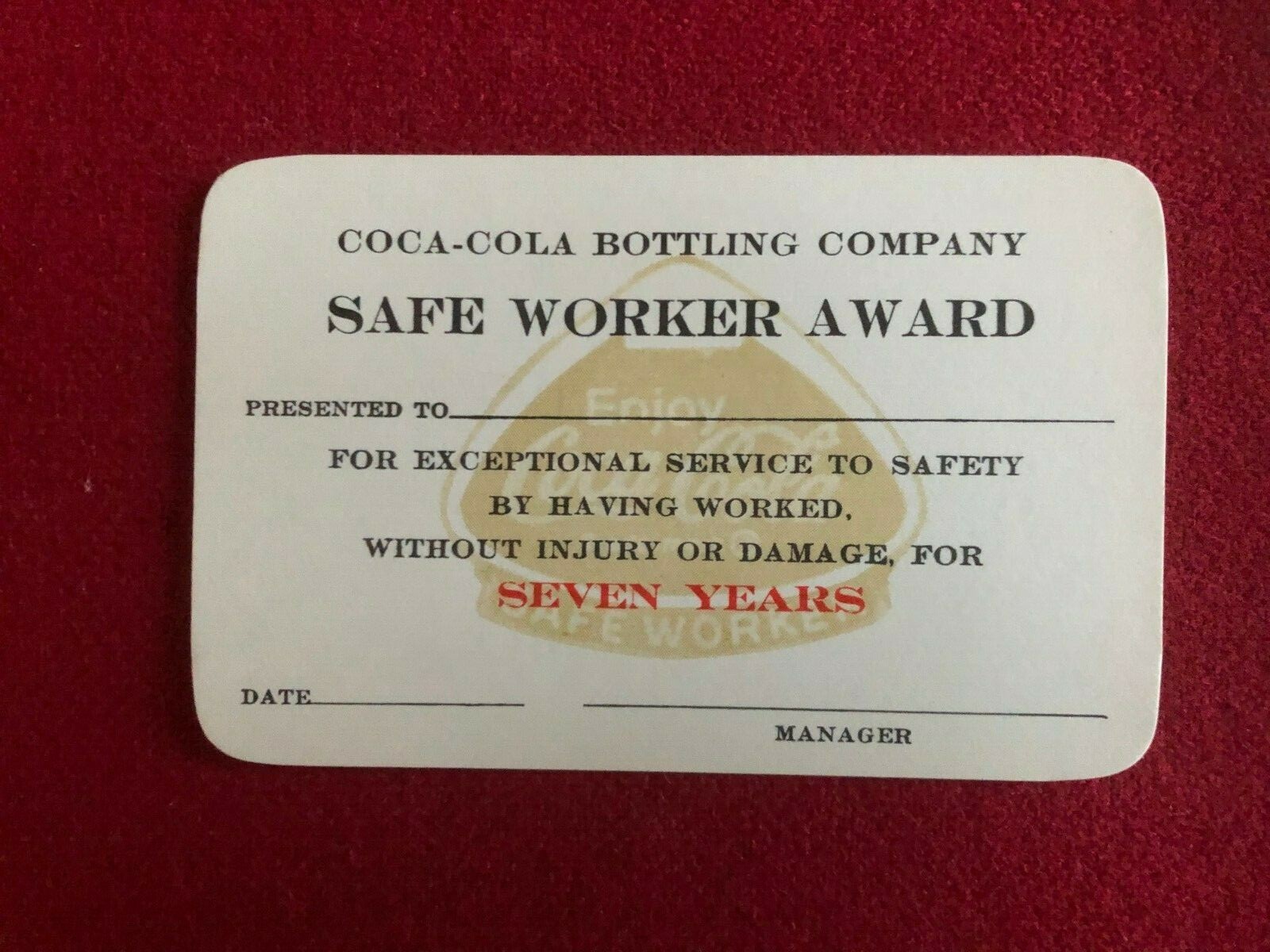 1960's,Coca-Cola,"Un-Used","SAFE WORKER AWARD" Seven Year Card (Scarce ...