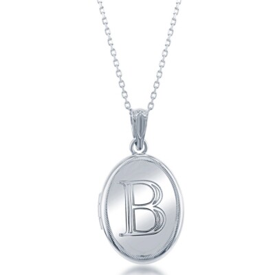 Sterling Silver Shiny Oval with Center "B" Initial Locket W/Chain | eBay