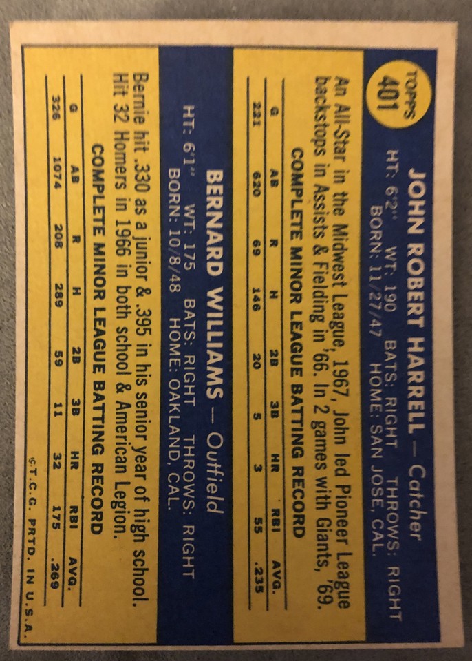1970 Topps John Harrell Bernie Williams Giants Rookie Star 401 Mid-To ...