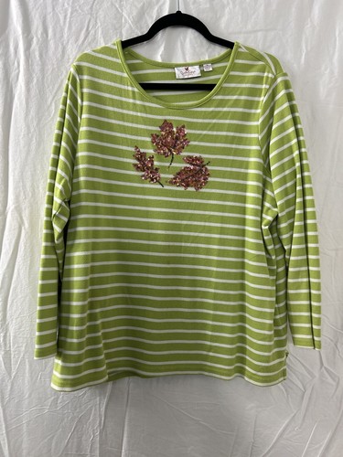 Quacker Factory Sz 1X Long Sleeve T-Shirt Green Stripe Sequin Leaves ...