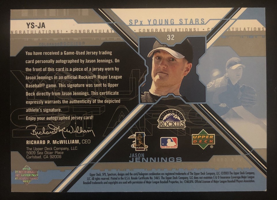 2003 SPX JASON JENNNGS Young Stars AUTOGRAPH Jersey #d /1295! ROCKIES ...