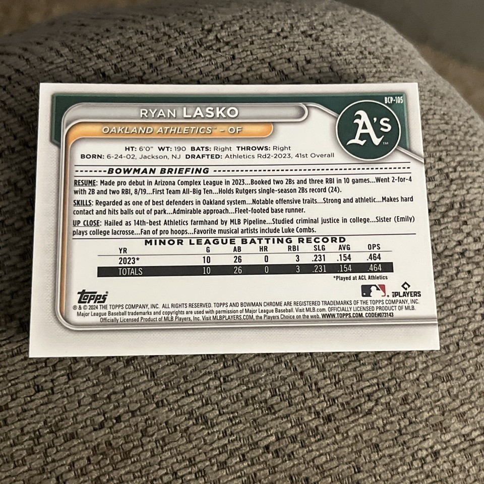 2024 1st Bowman Chrome Ryan Lasko Oakland Athletics BCP-109 Baseball ...