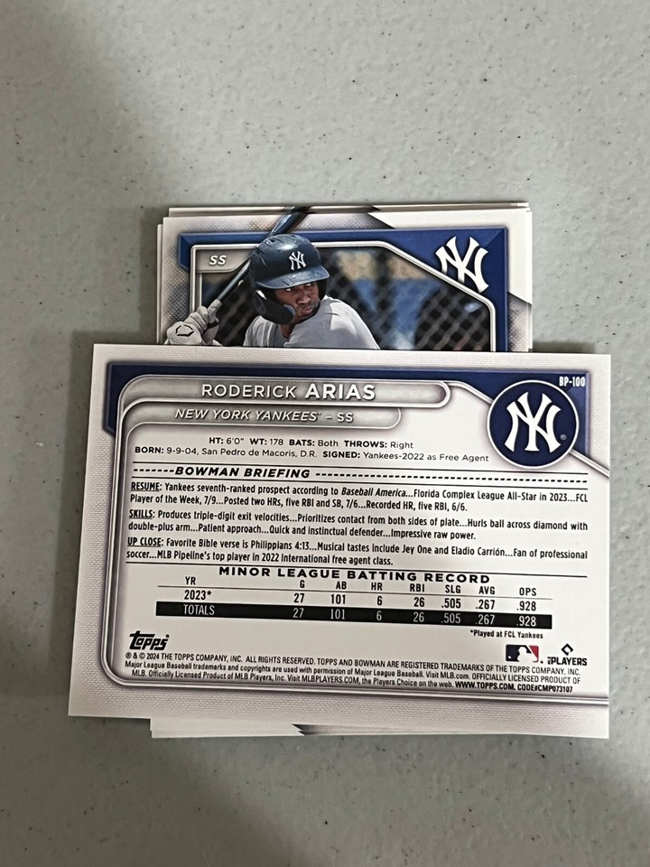 (10) Card Lot 2024 Bowman Hobby Paper Roderick Arias #BP-100 New York ...