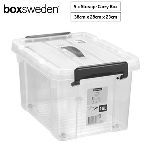 5 x 16L Plastic Storage Box Carry Handle W/Wheels Crate Organiser ...