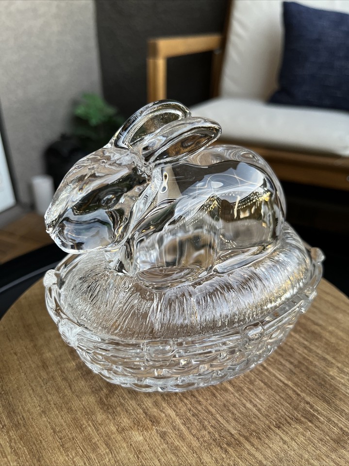 Bunny on Nest Rabbit Clear Glass Covered Dish Candy w/ Label | eBay