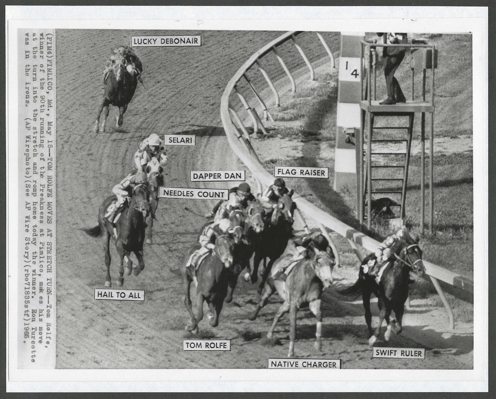 1965 - TOM ROLFE making his move to win the Preakness Stakes - 10" x 8 ...