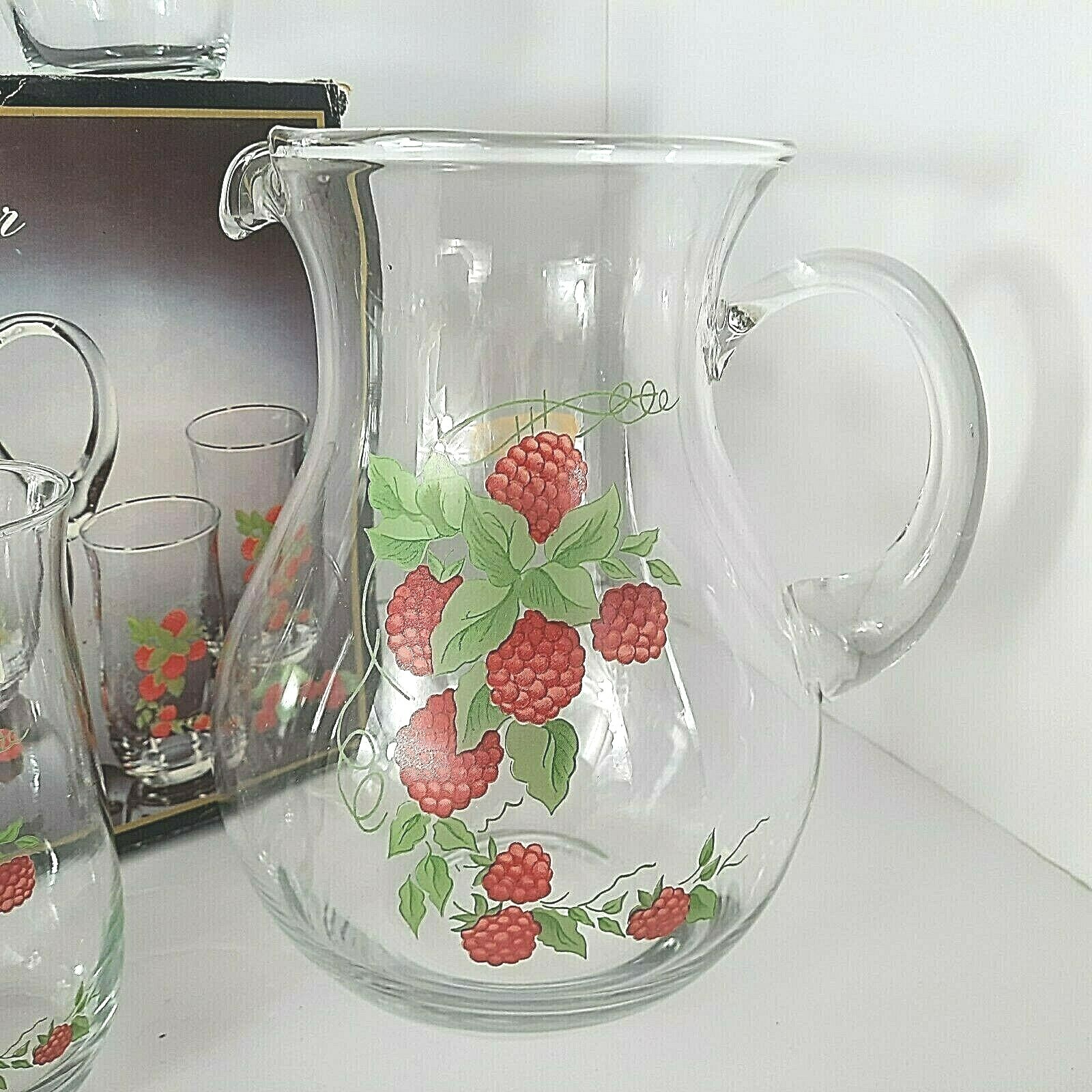 Raspberry Drink Ware Set Pitcher 5 Glasses Crystal Clear Ind. Made In ...